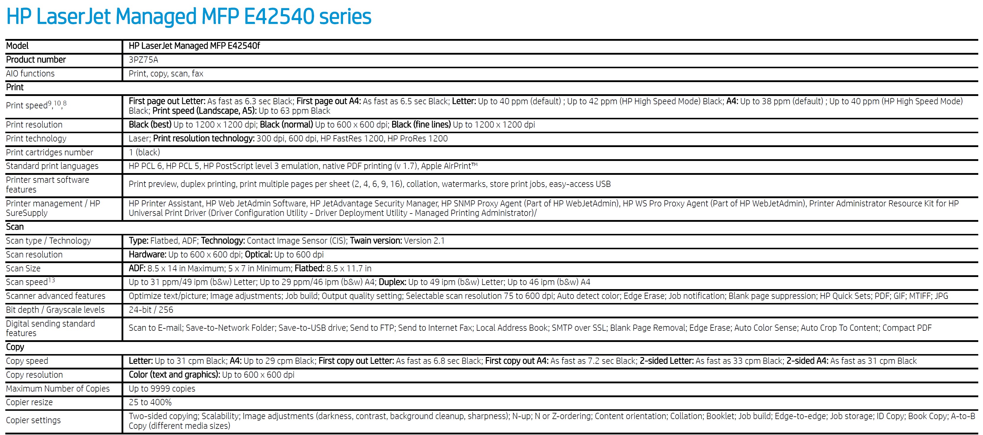 HP A4 Mono LaserJet Managed MFP E42540f